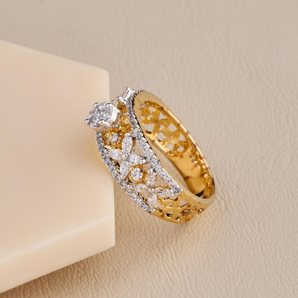Silver Floral Solitaire Ring with Pressure Setting and Marquise